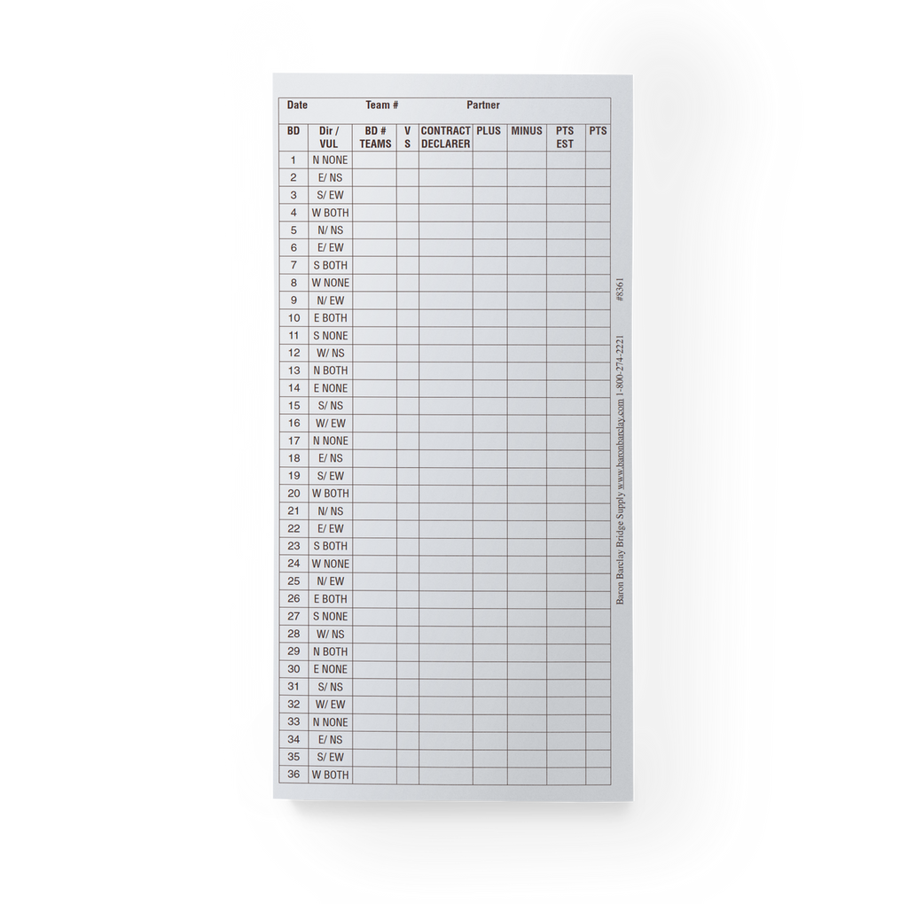 Padded Private Score for Duplicate logbook – Baron Barclay Bridge Supply